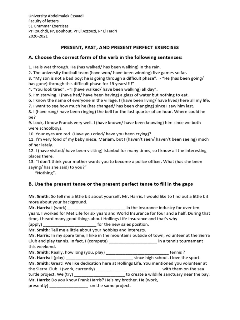PRESENT PERFECT SIMPLE AND CONTINUOUS EXERCISES | PDF
