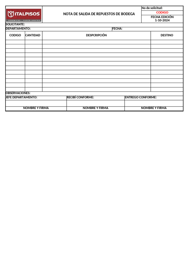 Formato de Ordenes de salida de bodega | PDF
