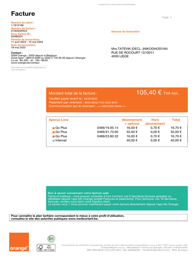 Facture: Montant Total de La Facture: TVA Incl | PDF