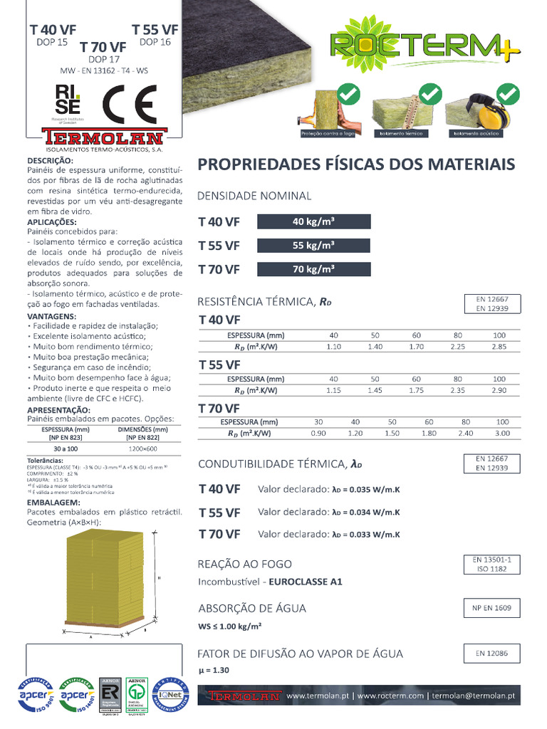 Ficha Técnica - Lã de Rocha Isolamento Painel Revestido a Fibra de Vidro T 40 VF (40 KGM3 ...