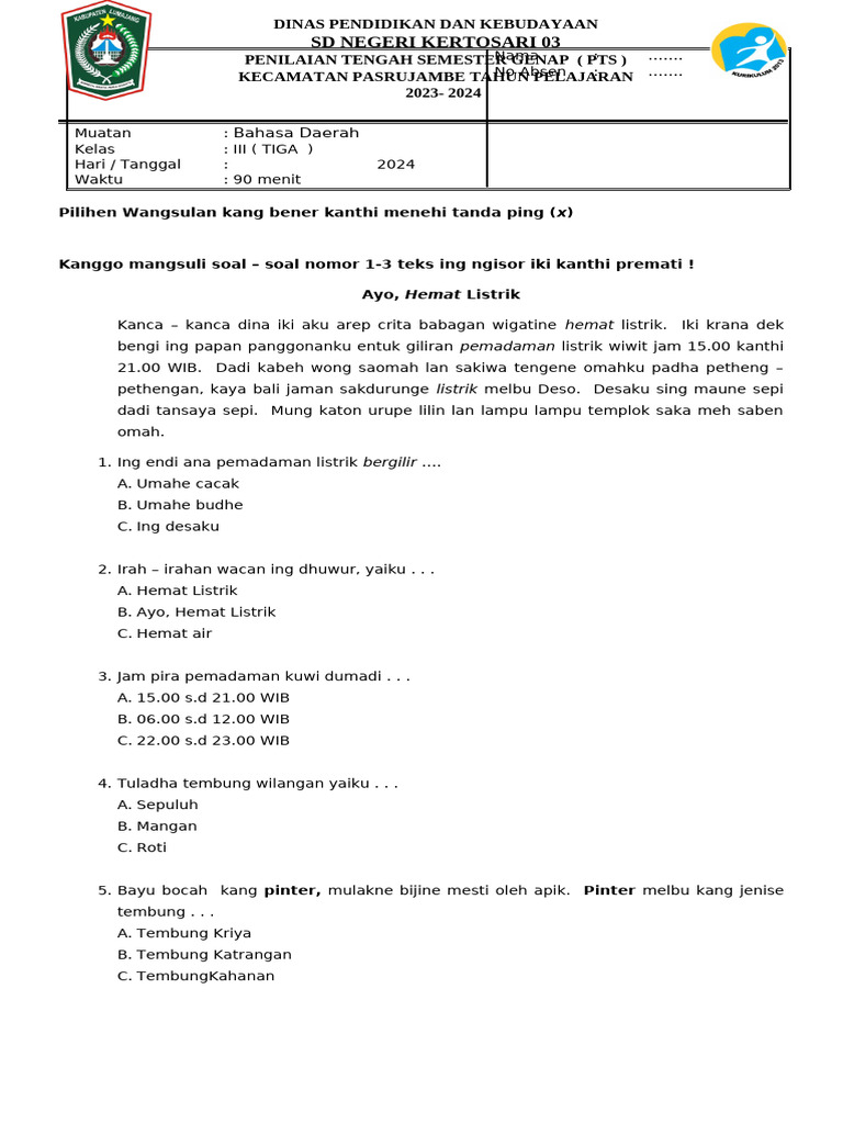 Soal Pts B. Daerah Kelas 3 | PDF