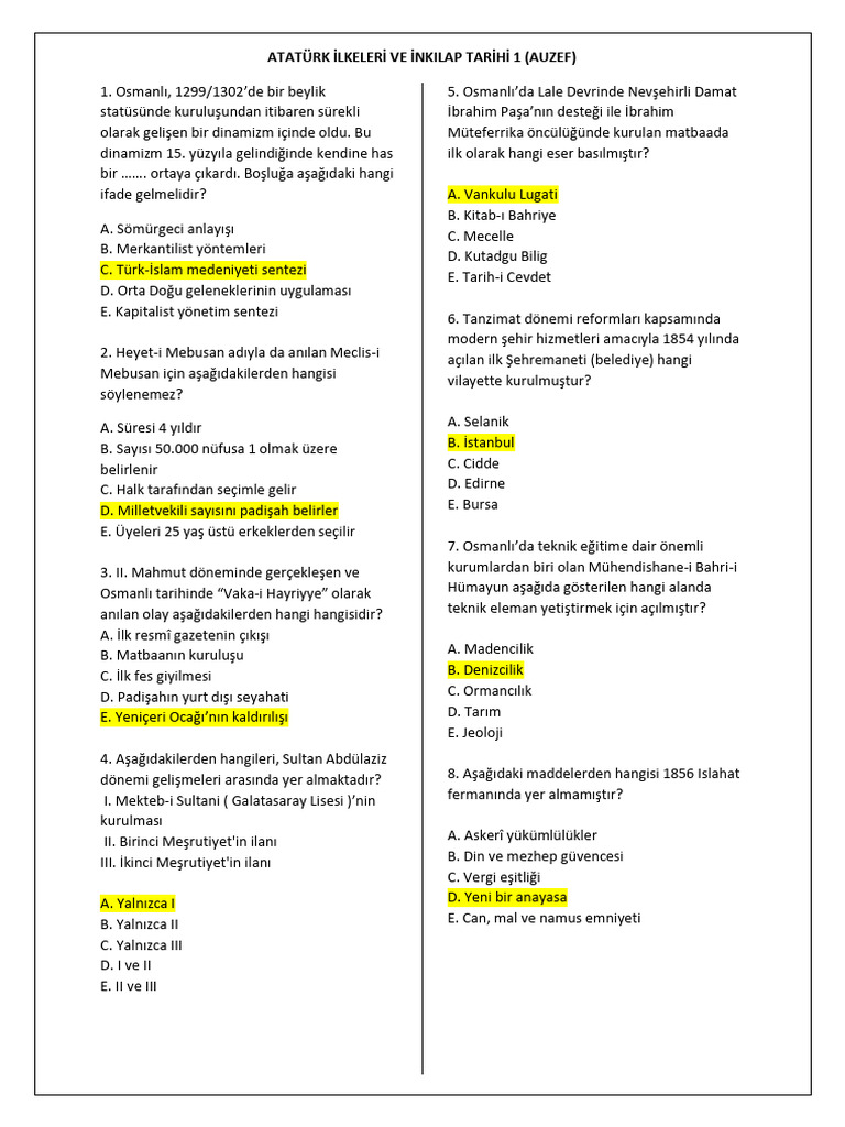 AUZEF İnkılap 1 Vize | PDF
