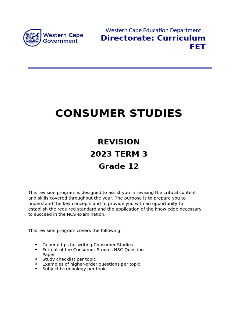 GRADE 12 CONSUMER STUDIES TERM 3 and 4 REVISION 2023 | PDF