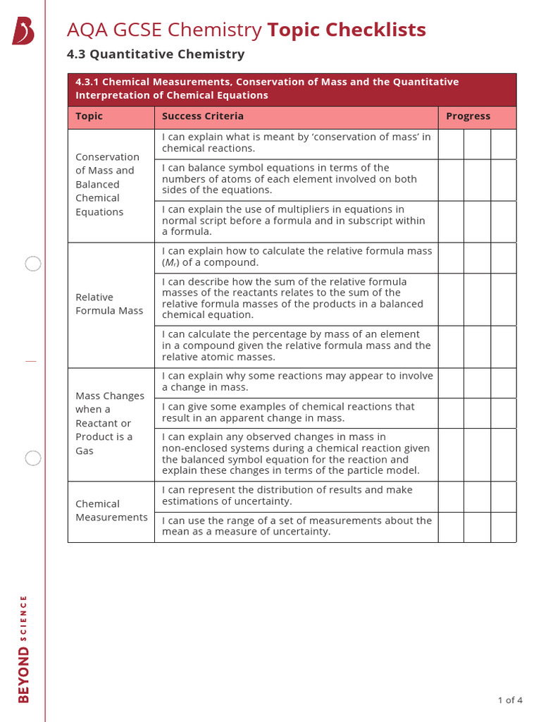 Aqa Gcse Chemistry Topic Checklists 4 3 Quantitative Chemistry Pdf