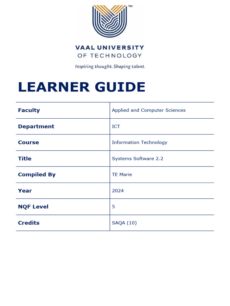 Learner Guide: Faculty Department Course Title Compiled by Year NQF ...