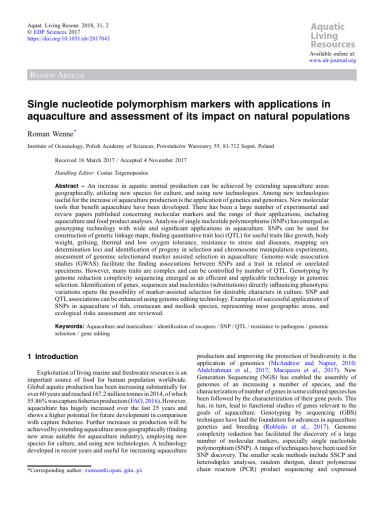 Single Nucleotide Polymorphism Markers With Applications in Aquaculture and Assessment of Its ...