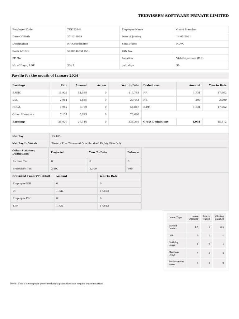 Salary slip January 2024 | PDF