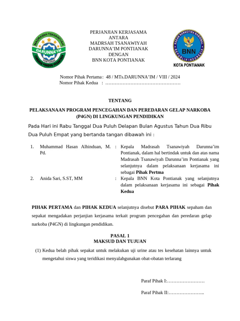 MoU MTs DARUNNA'IM DENGAN BNN | PDF