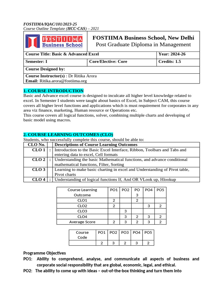 Course Outline - Basic & Advanced Excel | PDF
