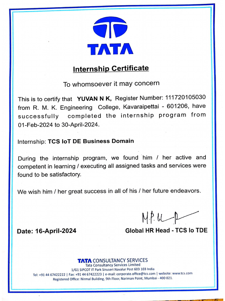 TCS INTERNSHIP CERTIFICATE | PDF