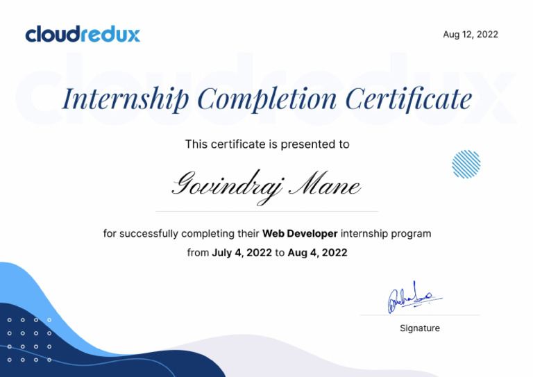 CloudRedux Internship Certificate | PDF