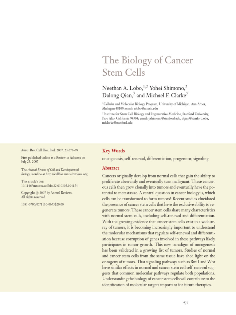 Lobo Et Al 2007 The Biology of Cancer Stem Cells | PDF