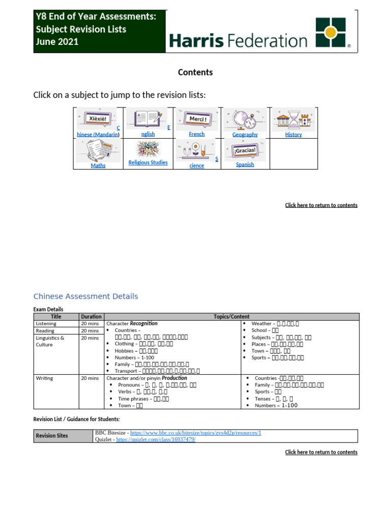 Y8 End of Year Revision Topic List | PDF
