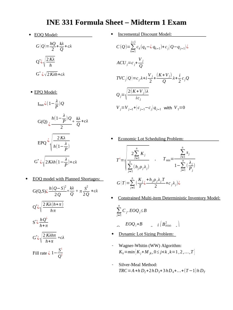 INE 331 Formula Sheet 2 | PDF