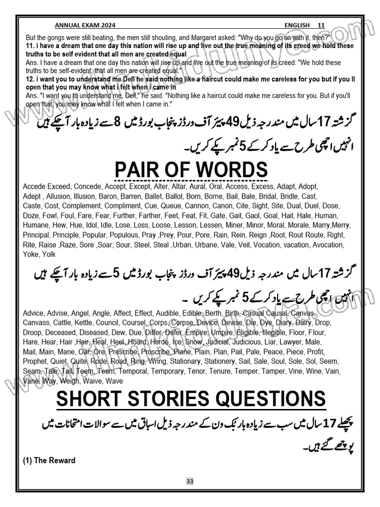 11th Class English Short Questions Guess Papers | PDF