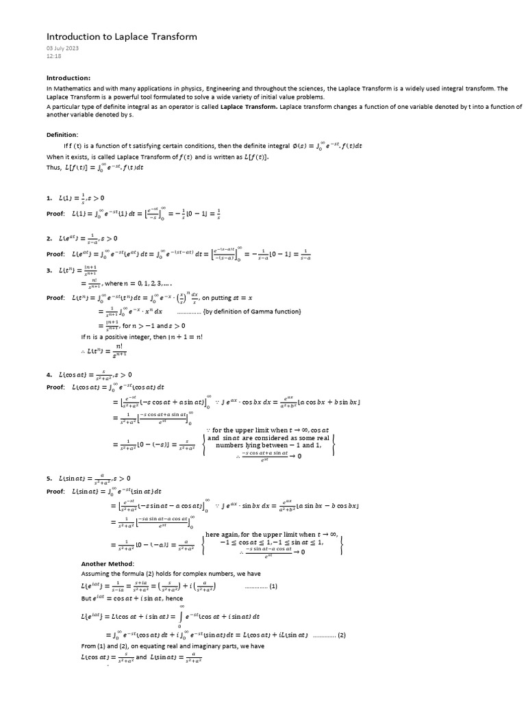 1. Introduction to Laplace Transform | PDF