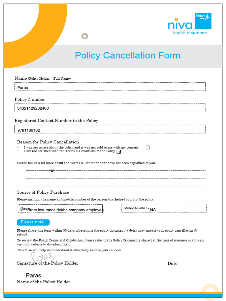 Policy Cancellation Form V4 | PDF