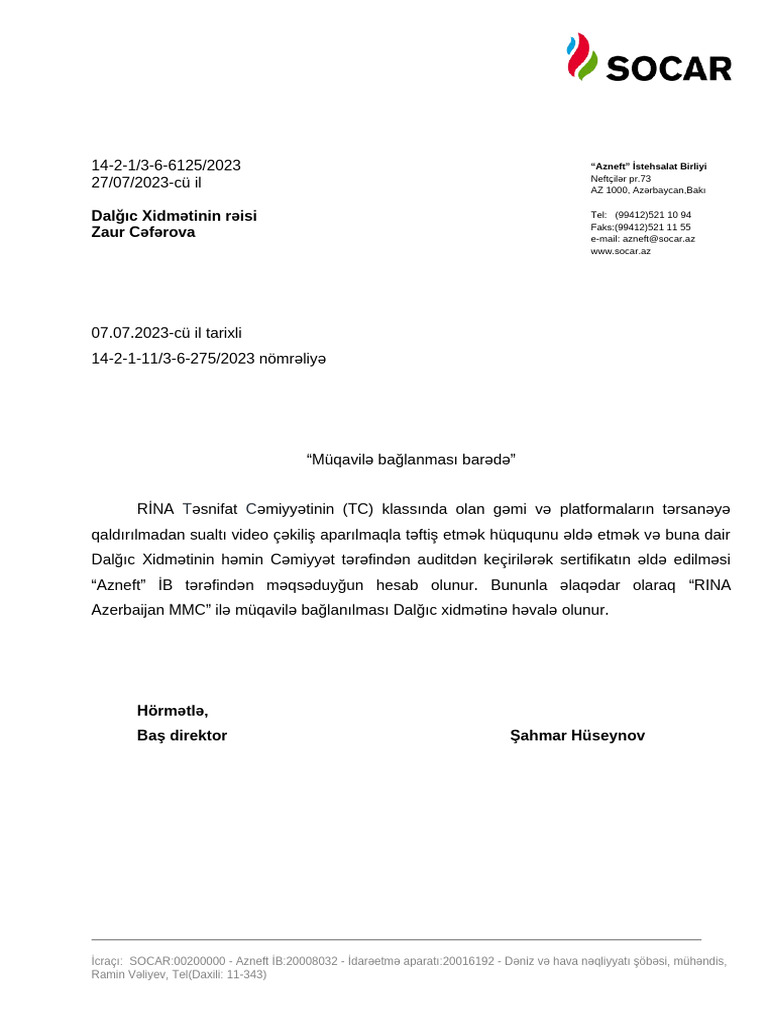 Azneft İB Tərəfindən Cavab Məktubu | PDF