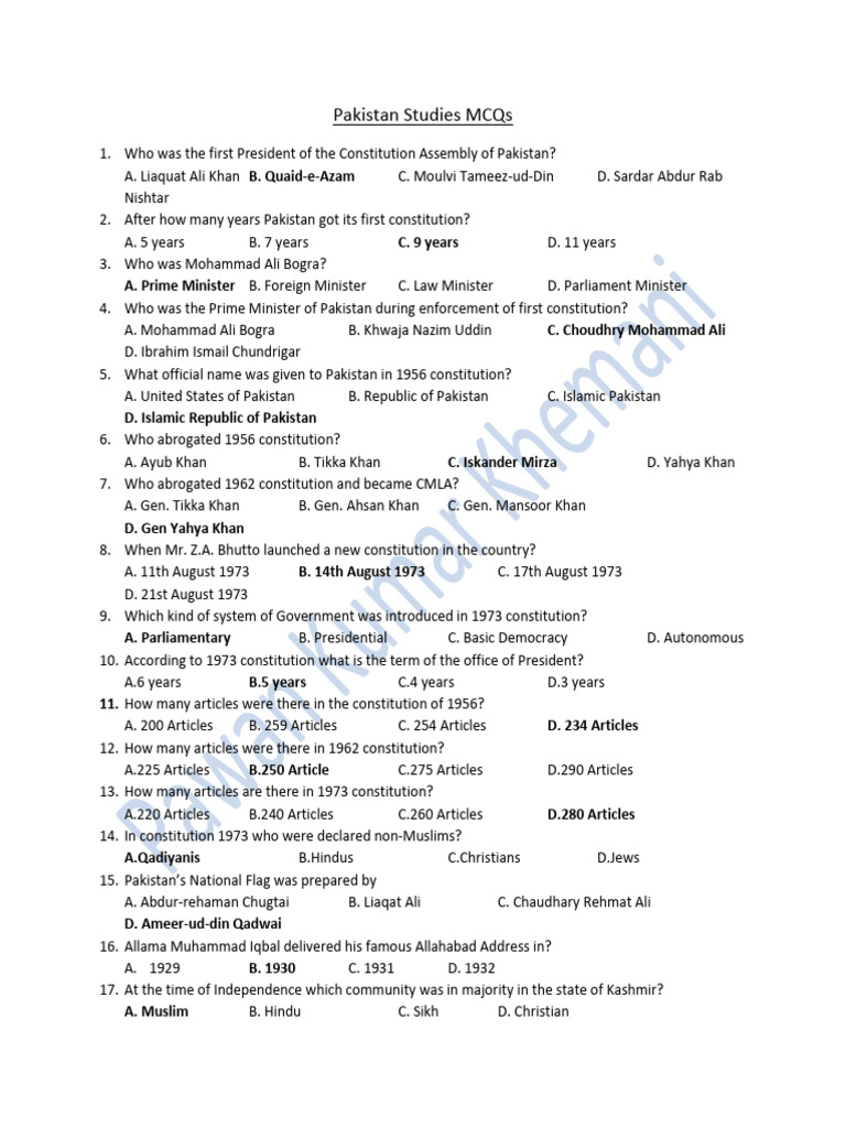 Pak - Studies. Mcqs | PDF