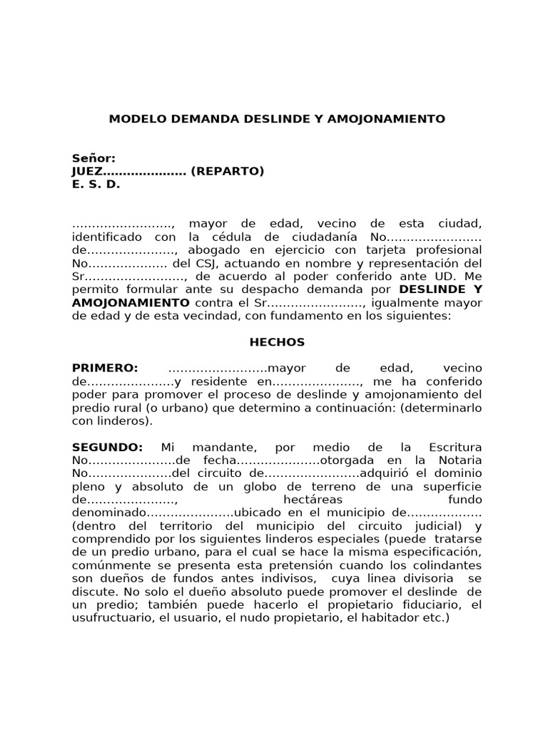 Modelo Demanda de Deslinde y Amojonamiento CGP | PDF | Demanda judicial | Ciencias sociales