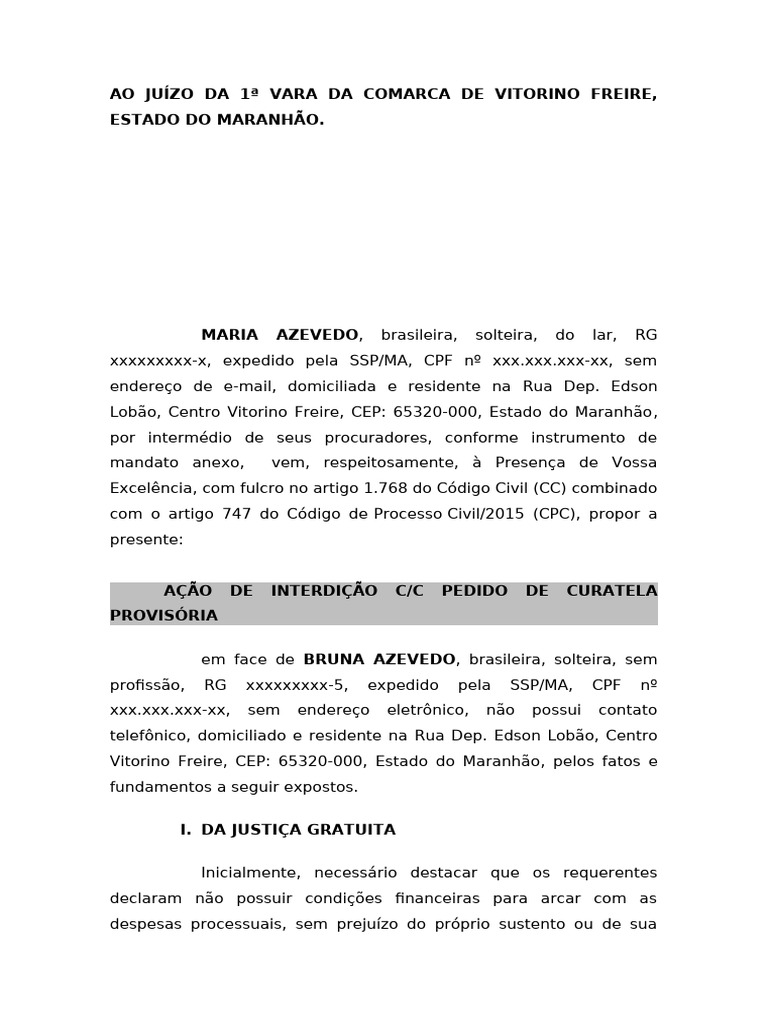 Modelo de Petição - Ação de Interdição CC Pedido de Curatela Provisória ...