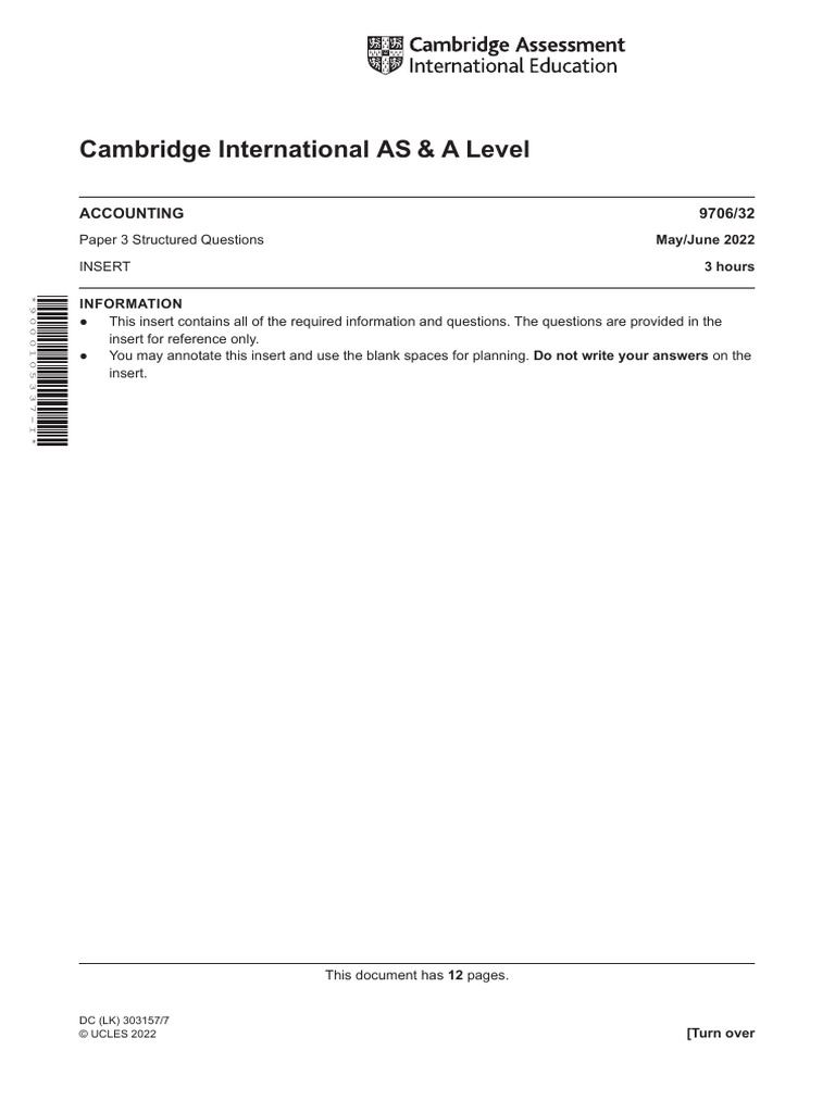 Cambridge International AS & A Level: ACCOUNTING 9706/32 | PDF