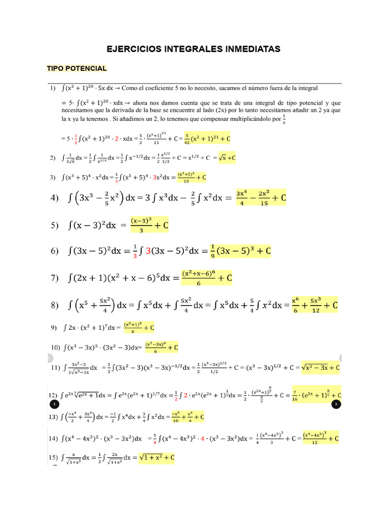 Ejercicios Integrales Inmediatas (Resueltos) | PDF