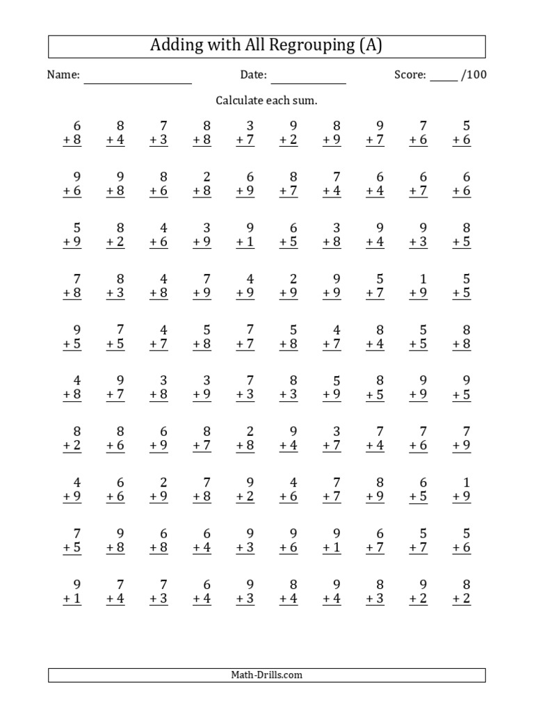 Addition One Digit All Regrouping 001.1602884025 | PDF