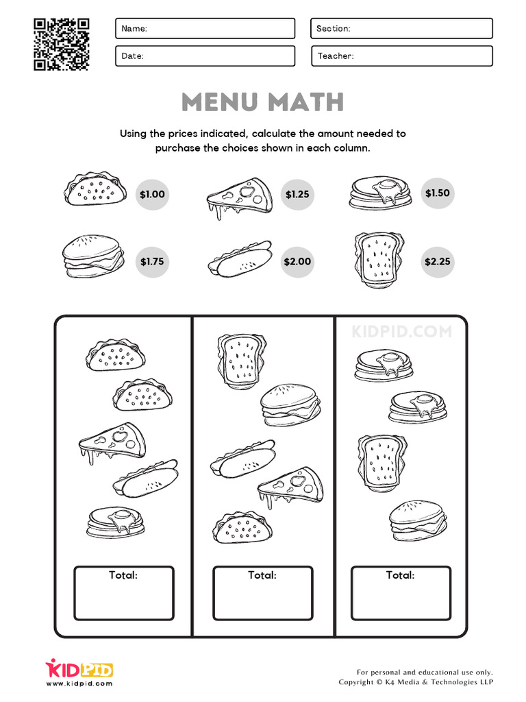 Menu Math Printable Worksheets For Kids | PDF