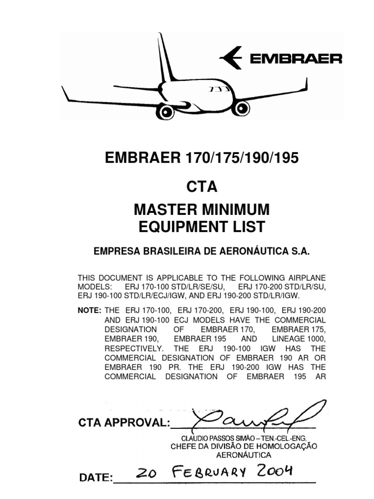 EMBRAER 170/175/190/195 CTA Master Minimum Equipment List: Empresa ...