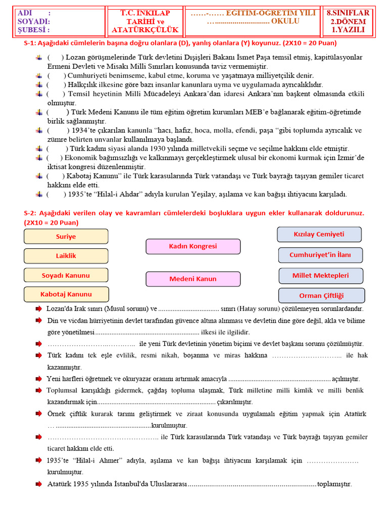 8.sinif Inkilap Tarihi Dersi 2.donem 1.yazili Sorulari Ve Cevaplari | PDF