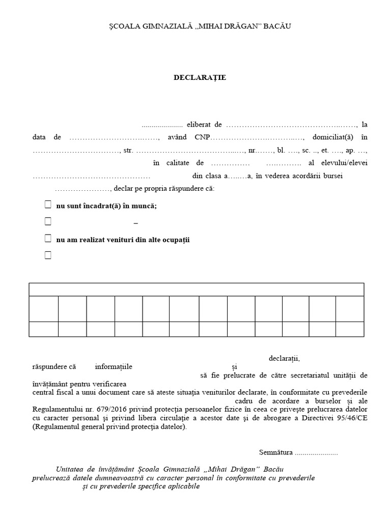 Anexa 12 Declaratie Pe Propria Raspundere Privind Veniturile Nete | PDF
