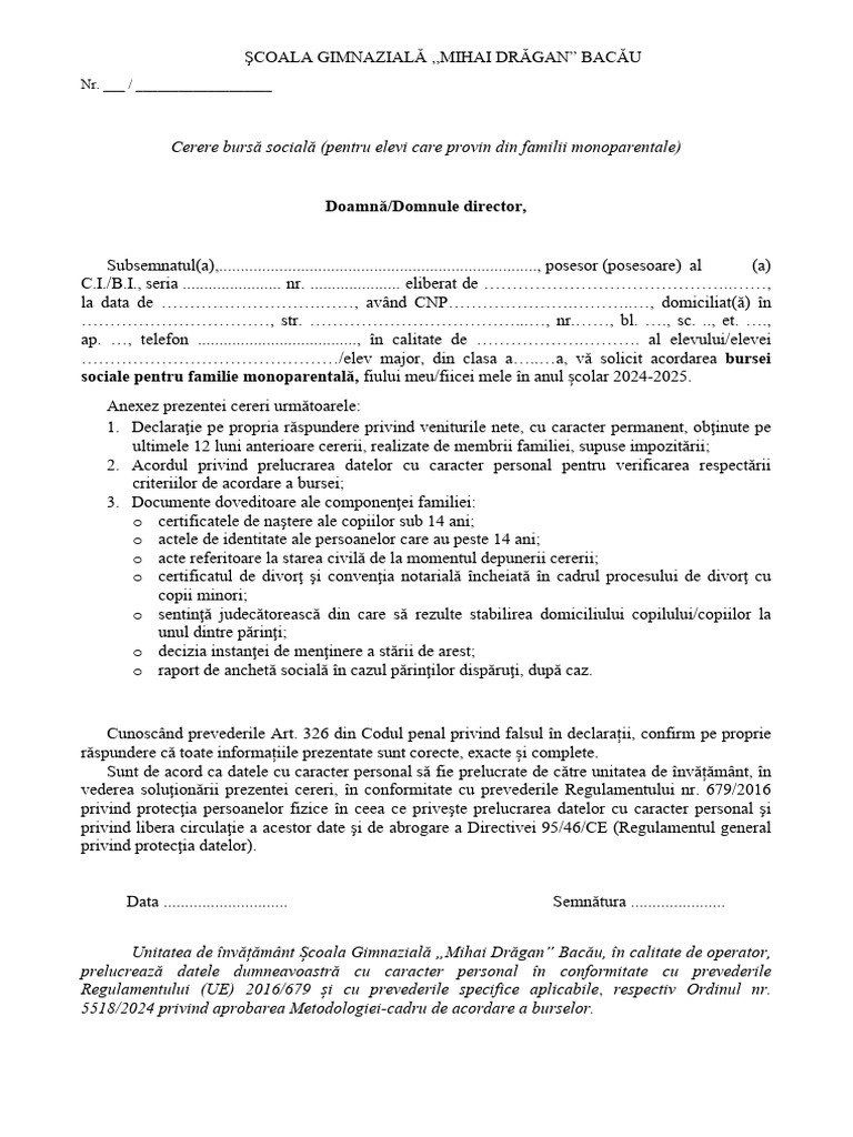 Anexa 7 Cerere Bursa Sociala Pentru Familie Monoparentala 1 | PDF
