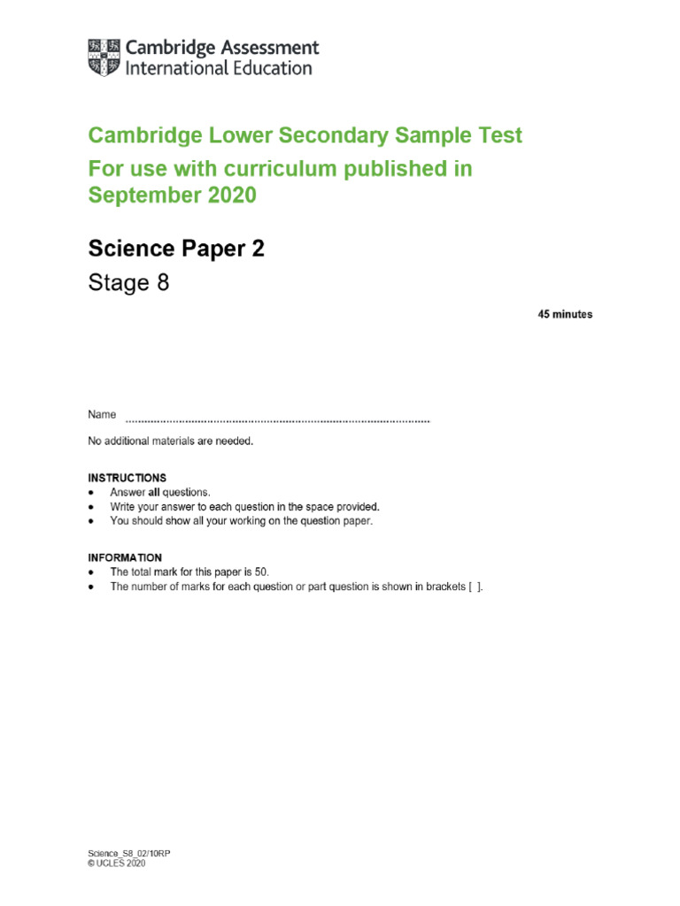 Science Stage 8 Sample Paper 2 | PDF