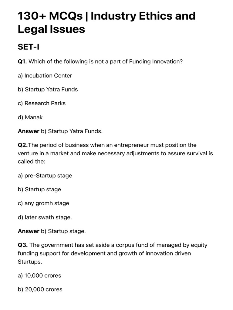 130+ MCQs - Industry Ethics and Legal Issues | PDF