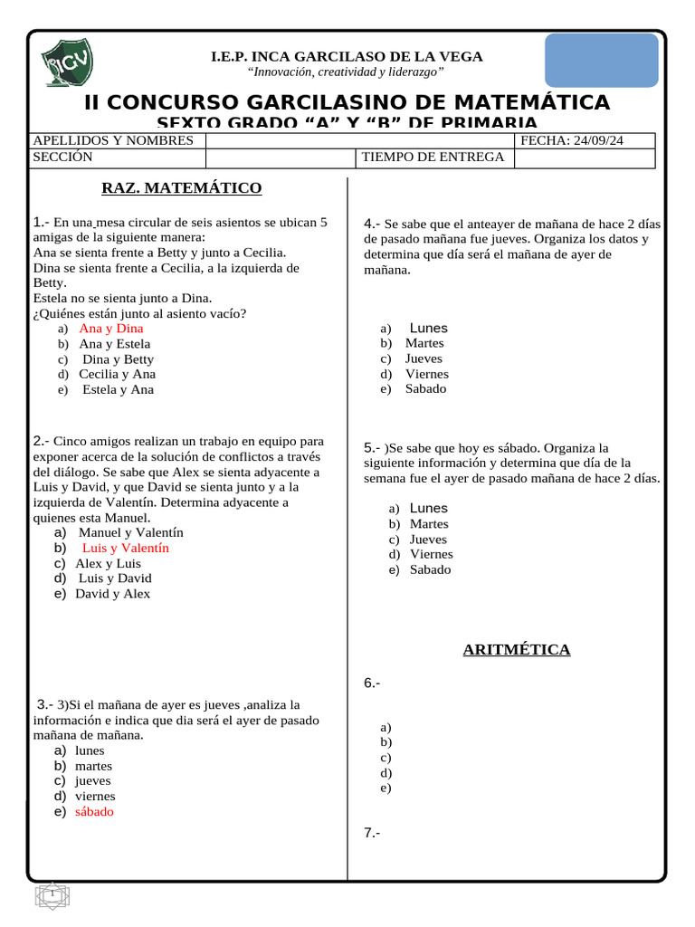 Formato Del Examen Para El Concurso de Matemática | PDF