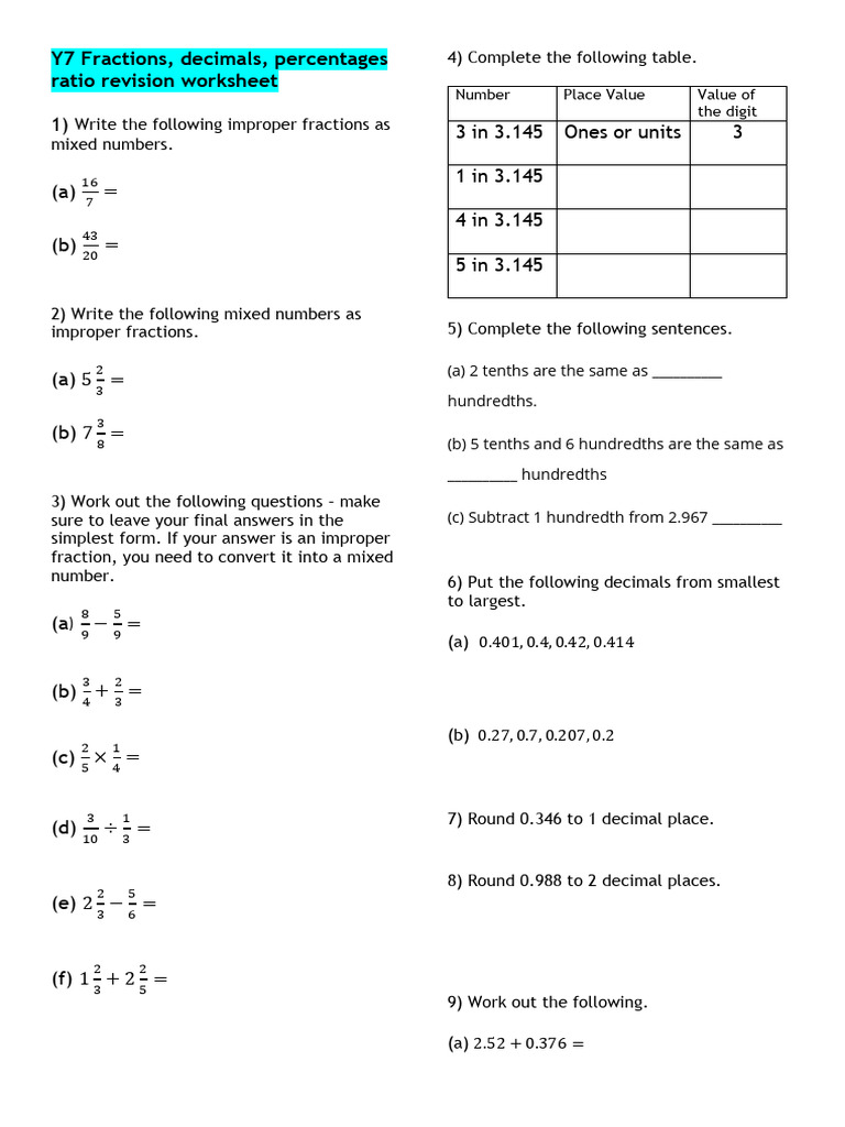Y7 Fractions, Decimals, Percentages and Ratio Revision | PDF