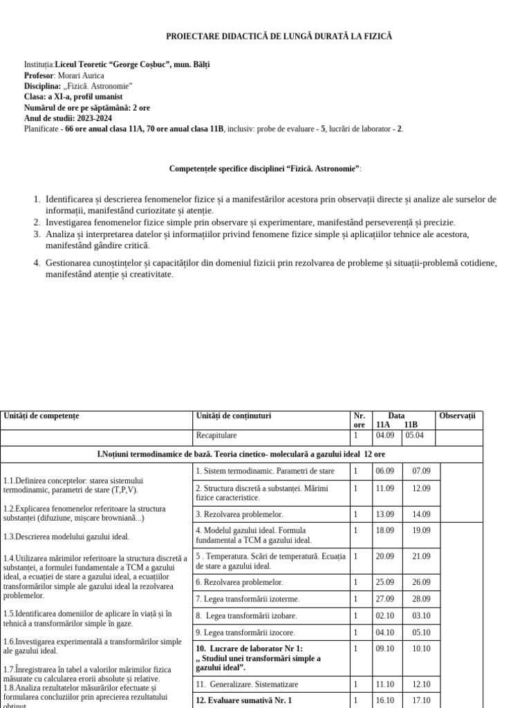 Clasa XI-a, Profil Umanist, 2023-2024 | PDF
