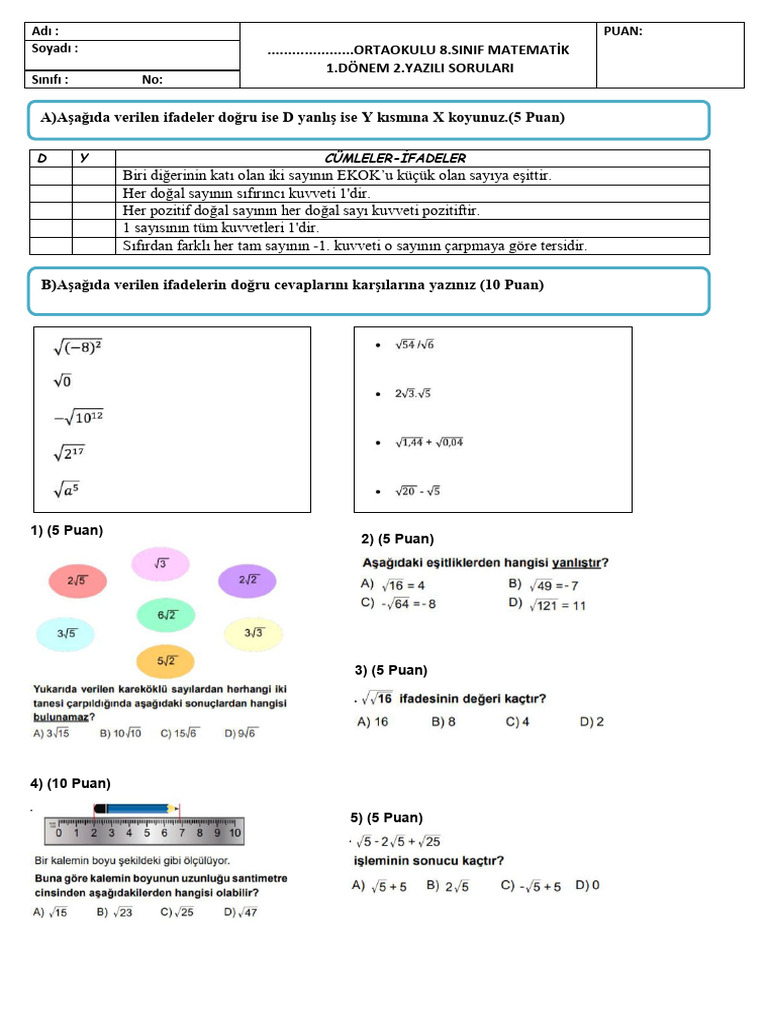 Sinif Matematik 1. Donem 2. Yazilisi | PDF