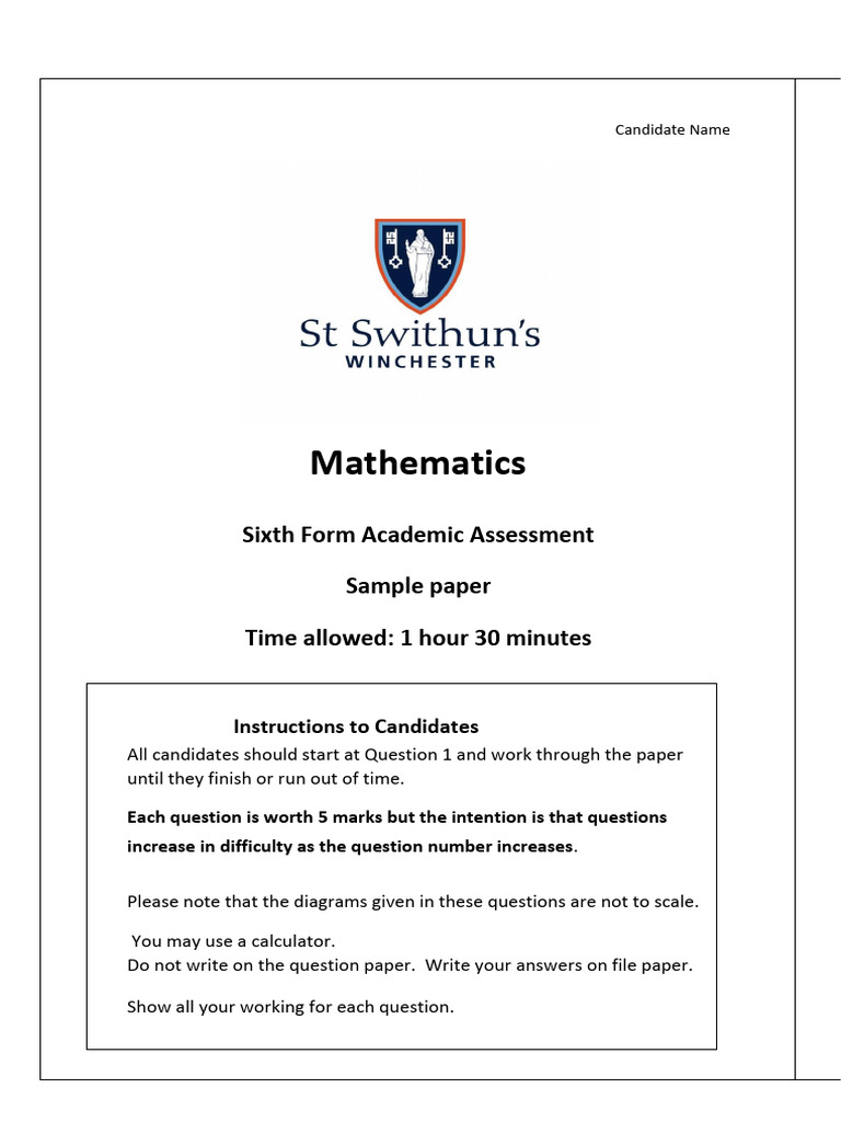 Mathematics Sample Sixth Form Assessment Paper | PDF