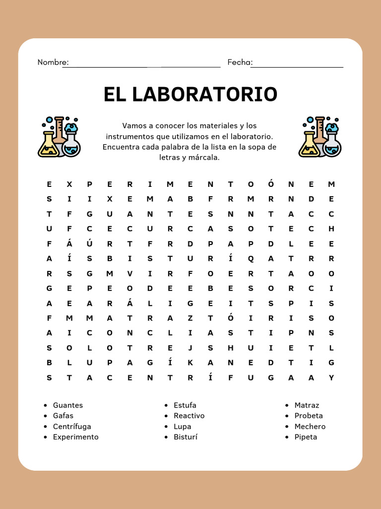 Hoja de Trabajo Sopa de Letras Laboratorio Simple Café | PDF