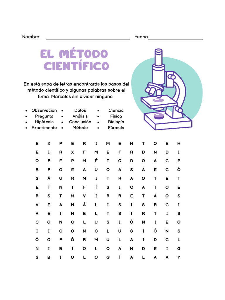 Hoja de Trabajo Sopa de Letras Método Científico Simple Morado | PDF