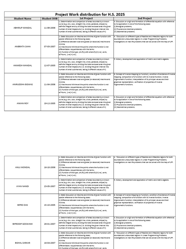 Math Project Work Distribution for HS 2025 | PDF