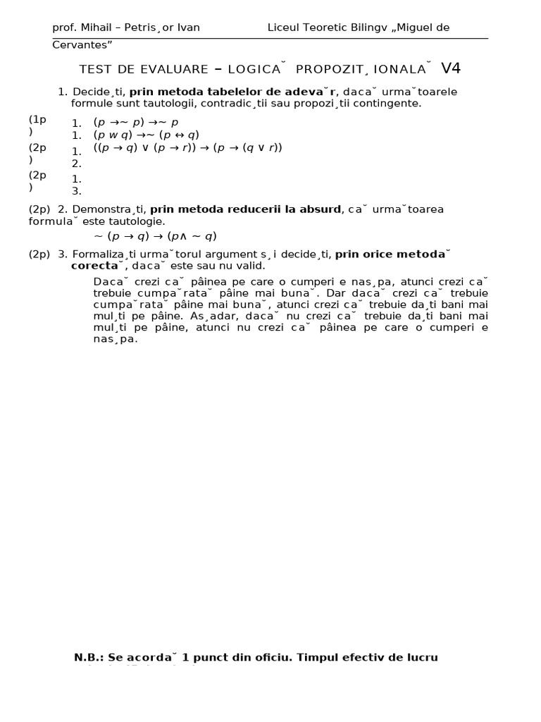 Test Logica Propozitionala v4 | PDF