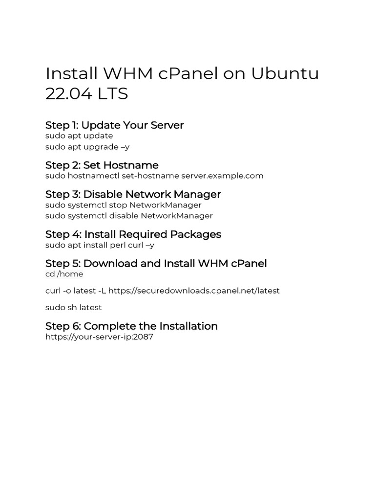 Install WHM CPanel On Ubuntu 22.04 LTS-Updated | PDF