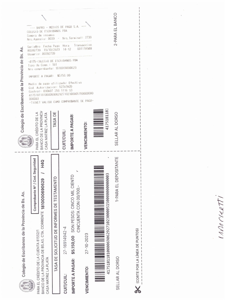 Comprobante de Pago de Planilla Testamentaria de Marchetti Marcelo ...