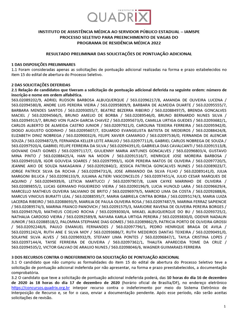 IAMSPE - RM-2022-resultado - Preliminar - Pontuacao - Adicional 3 | PDF