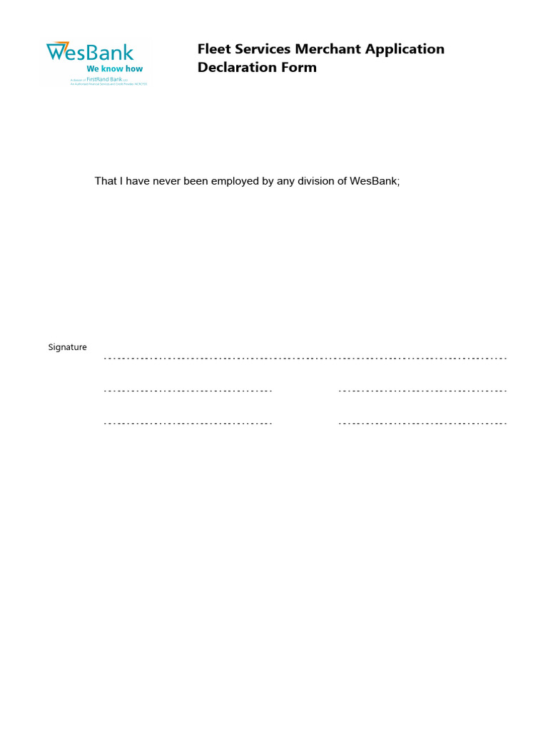WesBank Fleet Merchant Application Declaration | PDF