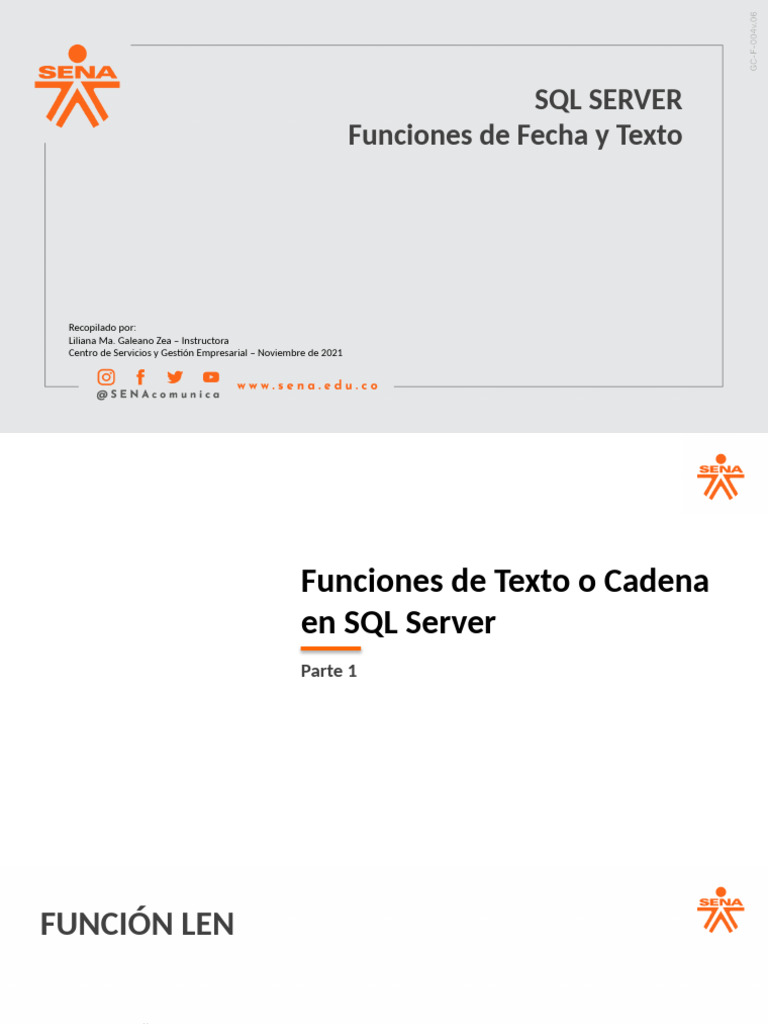 Funciones SQL Server: Texto y Fecha | PDF | SQL | Gestión de tecnología de la información