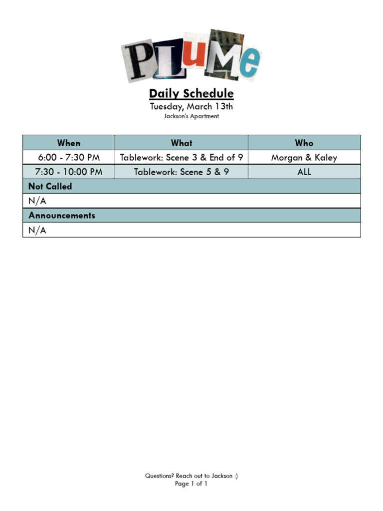3.13 Daily Schedule (Plume) | PDF